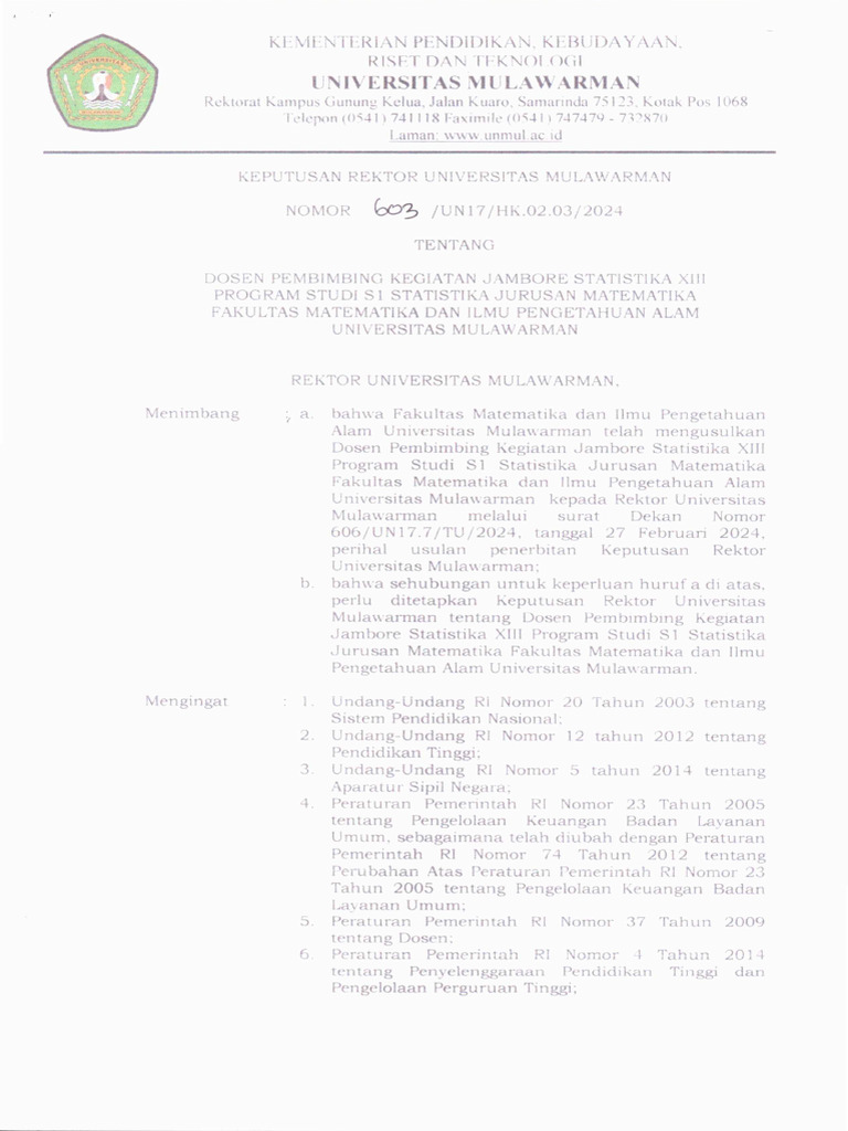 No. 603. 2024. SK Dosen Pembimbing Kegiatan Jambore Statistika Xiii (13) Program Studi ...