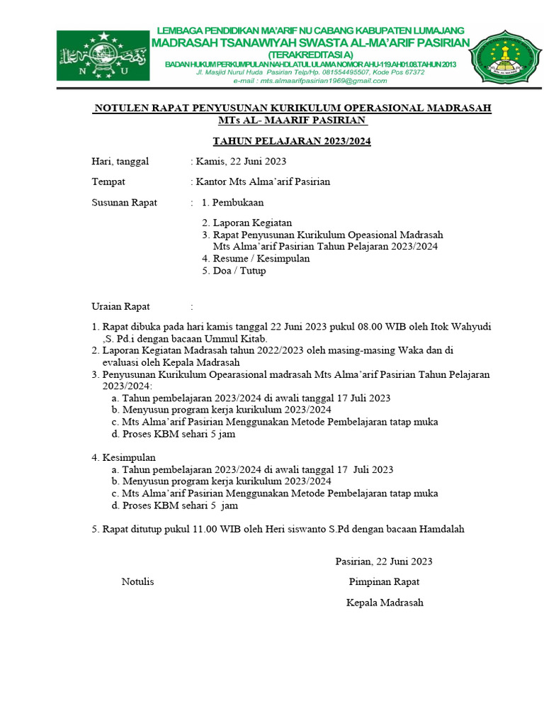 Notulen Rapat Kurikulum MTs 2023/2024 | PDF