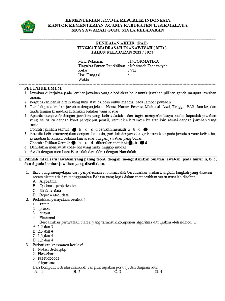 11 SOAL ASAT Informatika 7 MTs 2024 | PDF