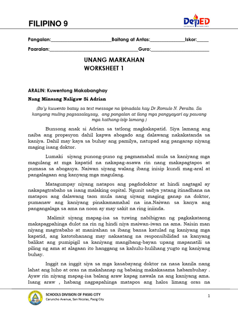 Filipino 9: Unang Markahan Worksheet 1 | PDF