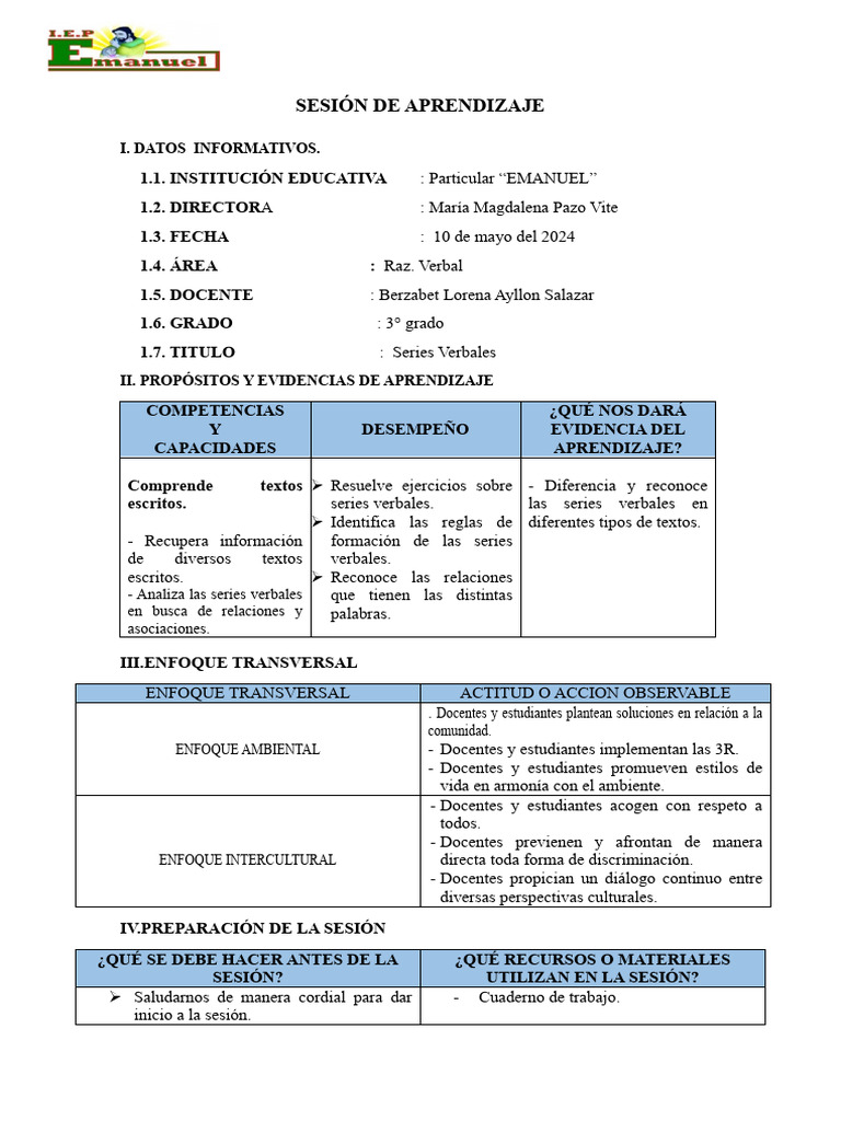SESIÓN DE APRENDIZAJE Raz. Verbal (Series Verbales) | PDF | Aprendizaje | Enseñando