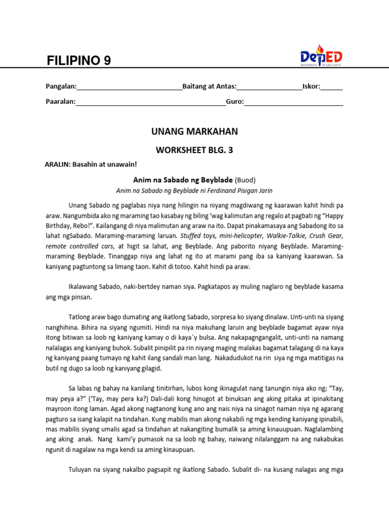 Filipino 9: Unang Markahan | PDF