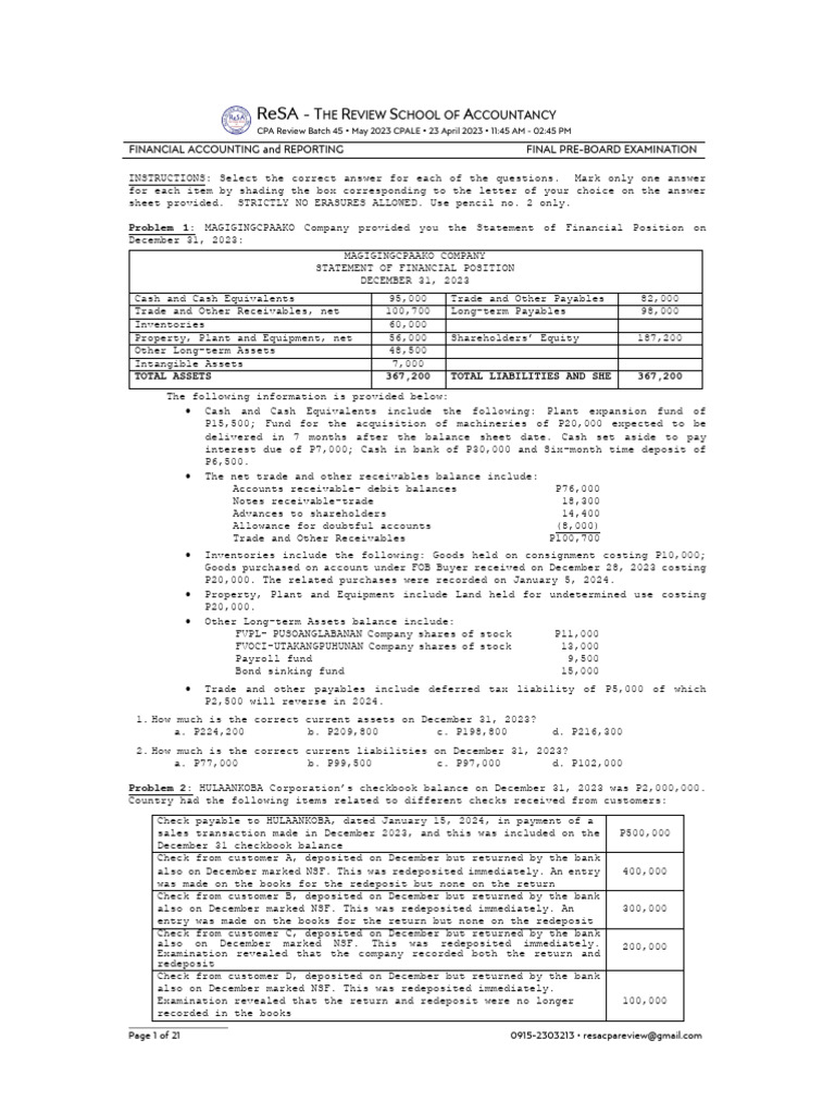 Open ReSA B45 FAR Final PB Exam Questions Answers Solutions | PDF ...