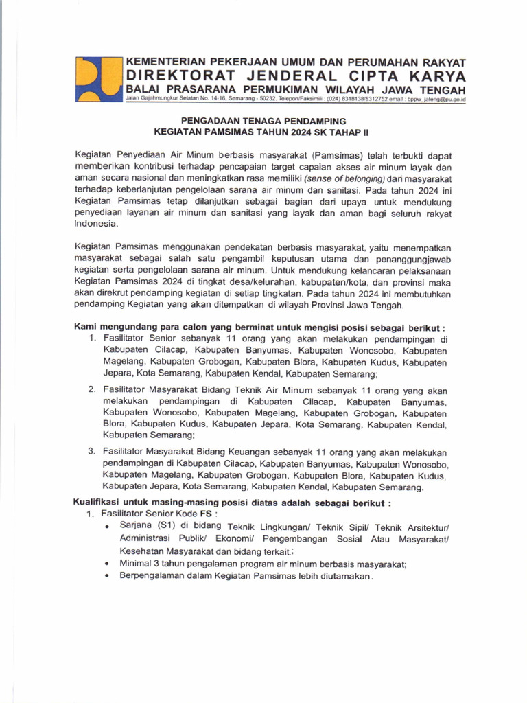 Pengadaan Tenaga Pendamping Kegiatan Pamsimas Tahun 2024 SK Tahap II | PDF