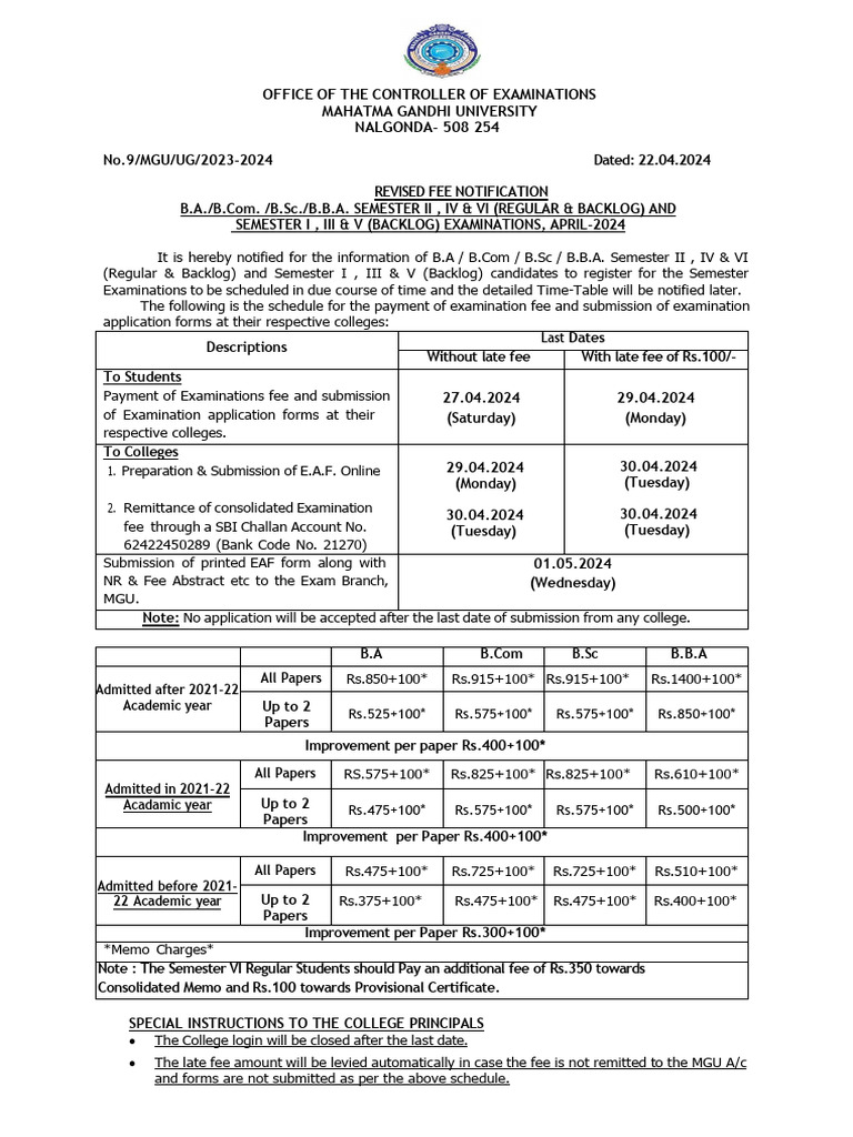 UG All Semester Backlog Notification April-2024 | PDF