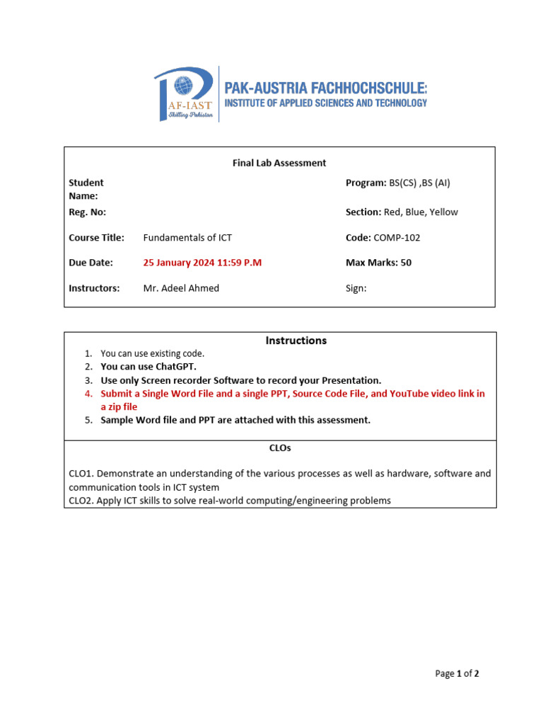 ICT Final Lab Assessment | PDF | Educational Technology | Artificial ...