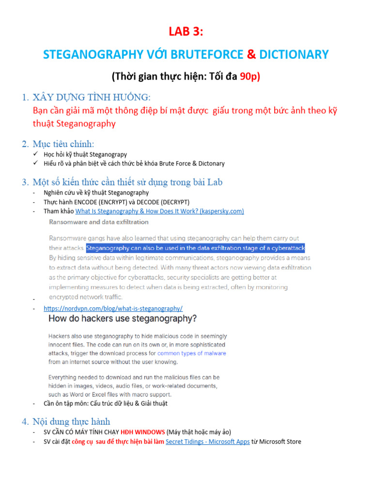 LAB 3 - STEGANOGRAPHY V I BRUTEFORCE Va DICTIONARY - UPLOAD | PDF