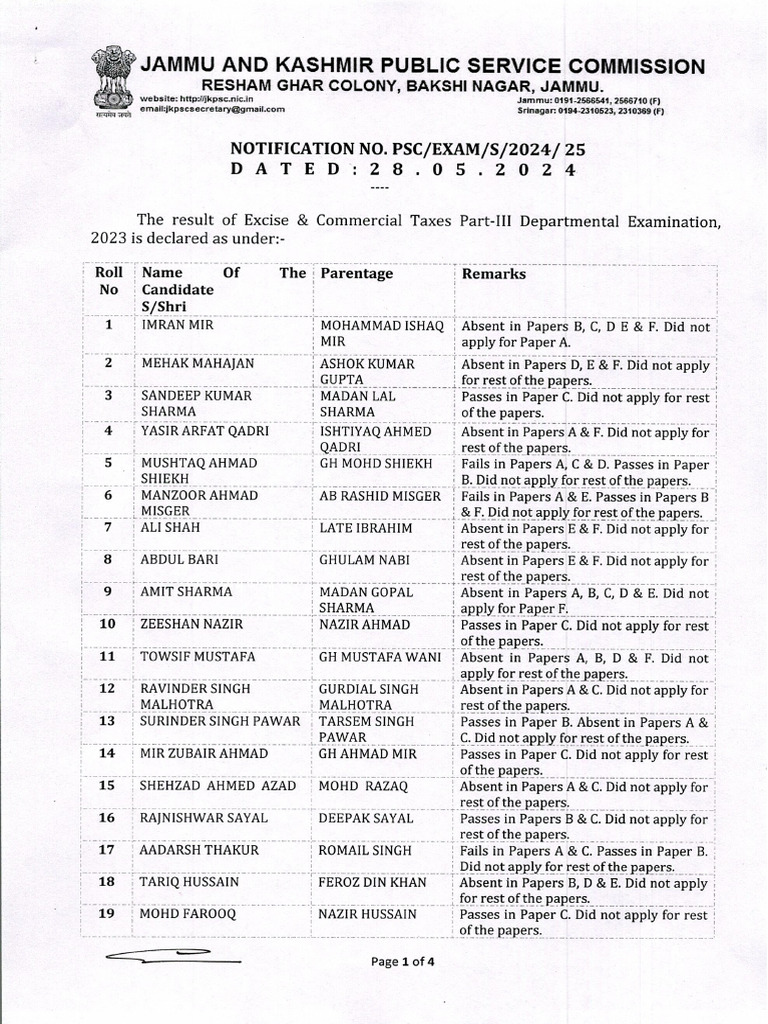 Declaration of The Result of Excise and Commercial Taxes PartIII ...