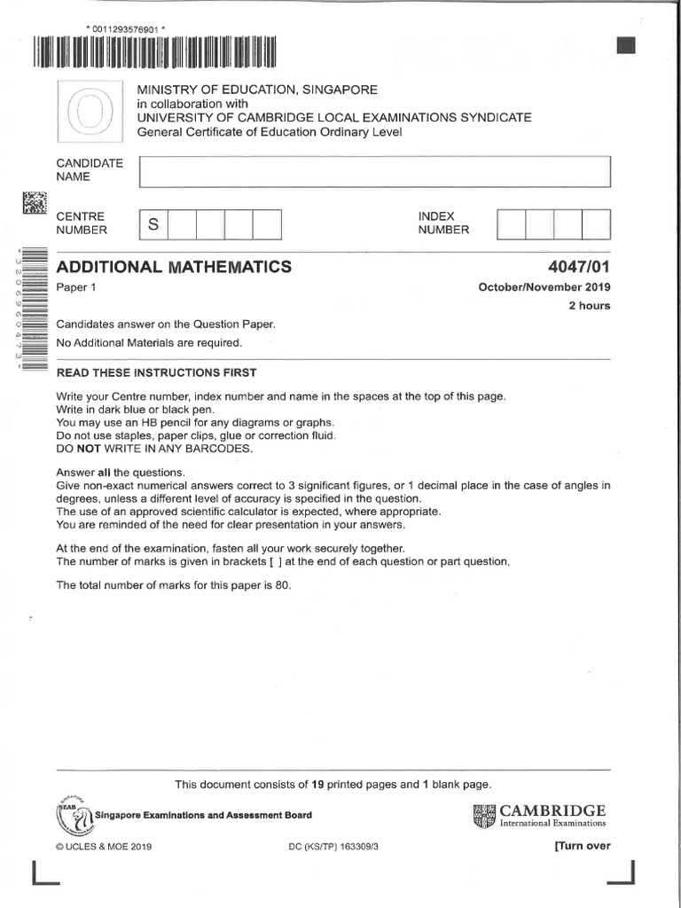 GCE O Level A Math Paper 1 2019 Question Paper | PDF