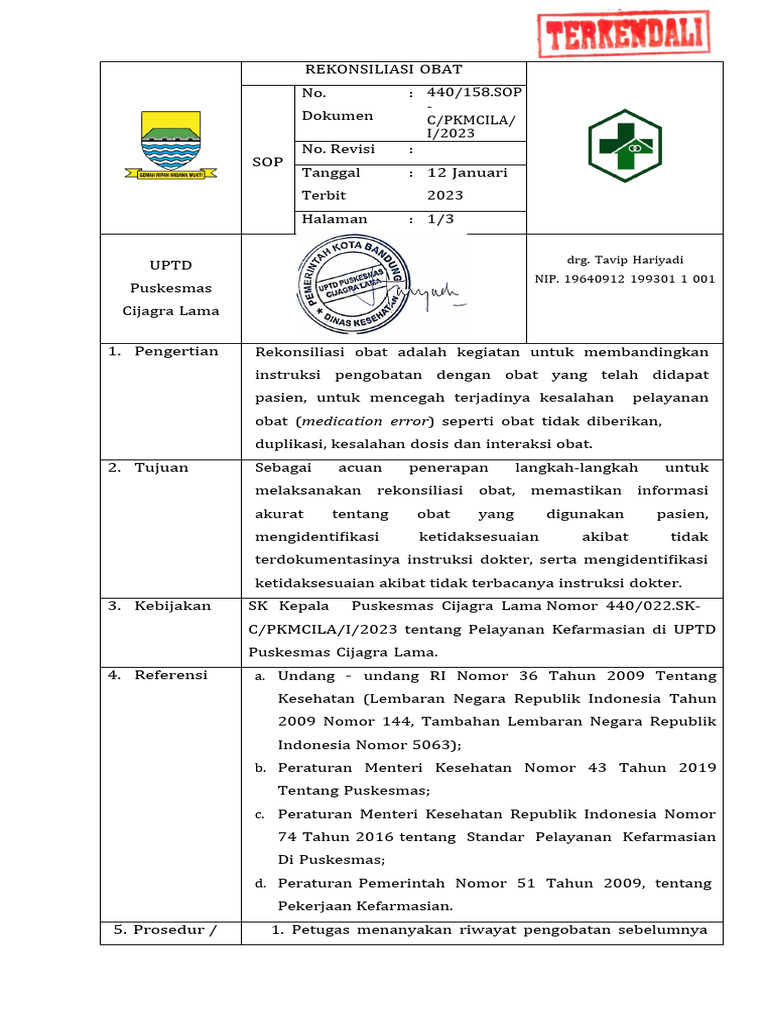 Arch3.10.1. C (1) SOP REKONSILIASI OBAT | PDF