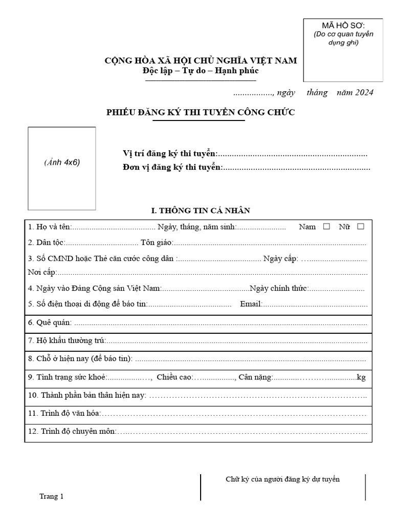 Mau Phieu Dang Ky Thi Tuyen | PDF