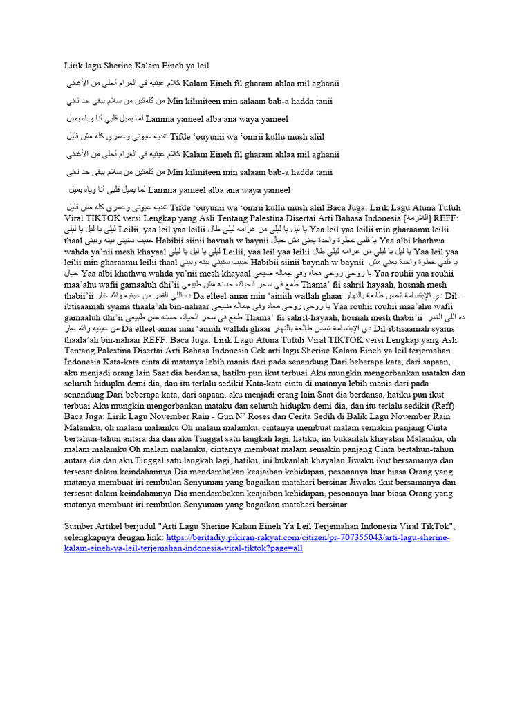 Lirik Lagu Sherine Kalam Eineh Ya Leil | PDF