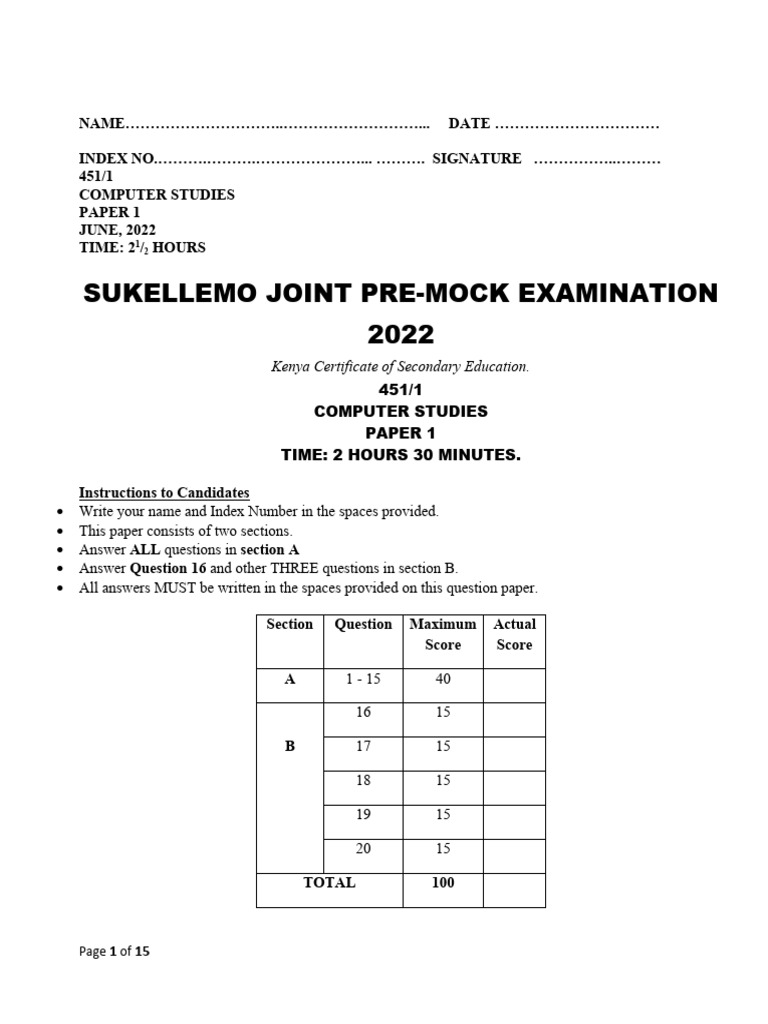 Sukellimo Comp Pp1 Qns Teacher Co Ke | PDF | Computer Hardware | Computer Data