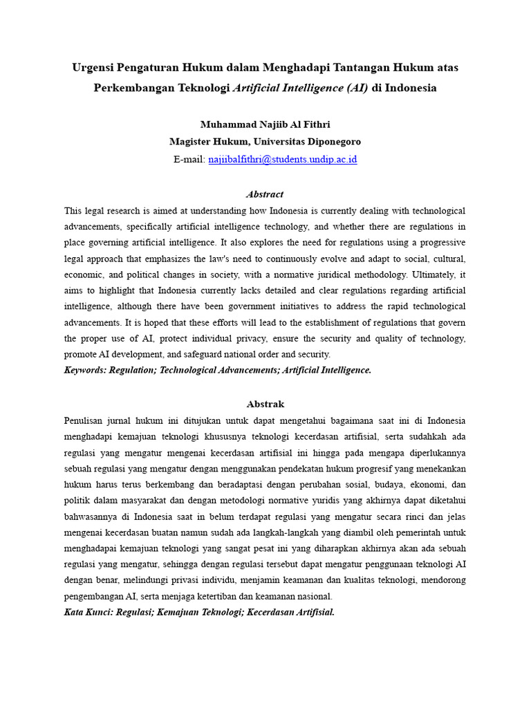 Urgensi Pengaturan Hukum Dalam Menghadapi Tantangan Hukum Atas Perkembangan Teknologi Artificial ...