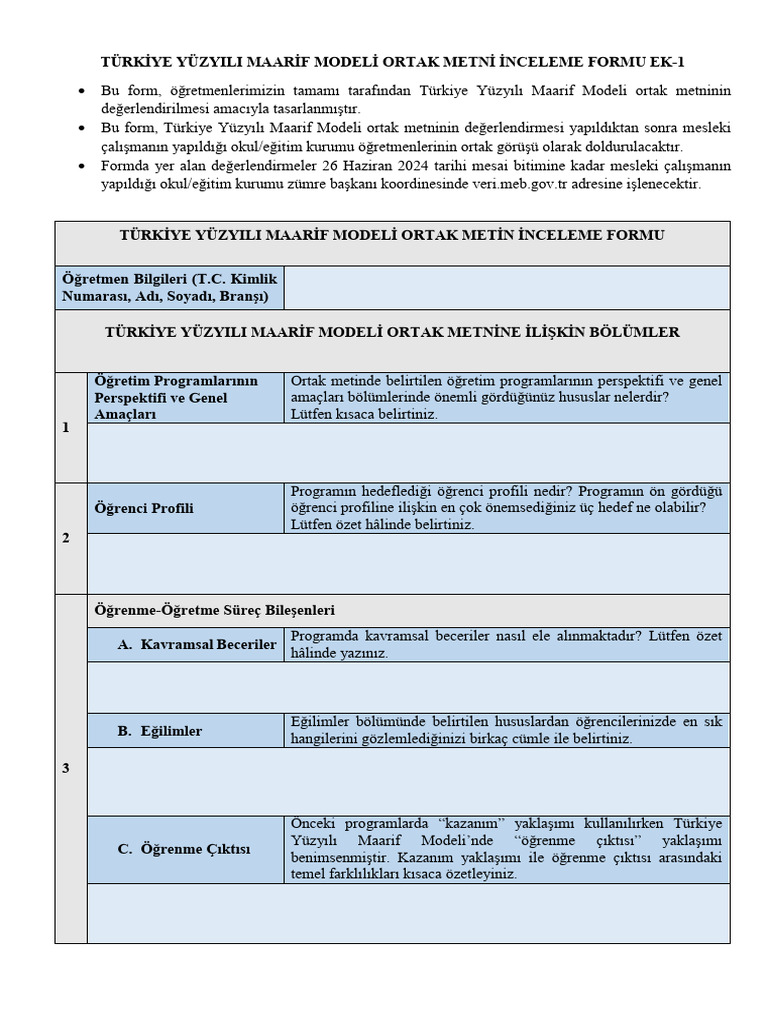 Ek1turkiyeyuzyilimaarifmodeliortakmetniincelemeformuek1 | PDF