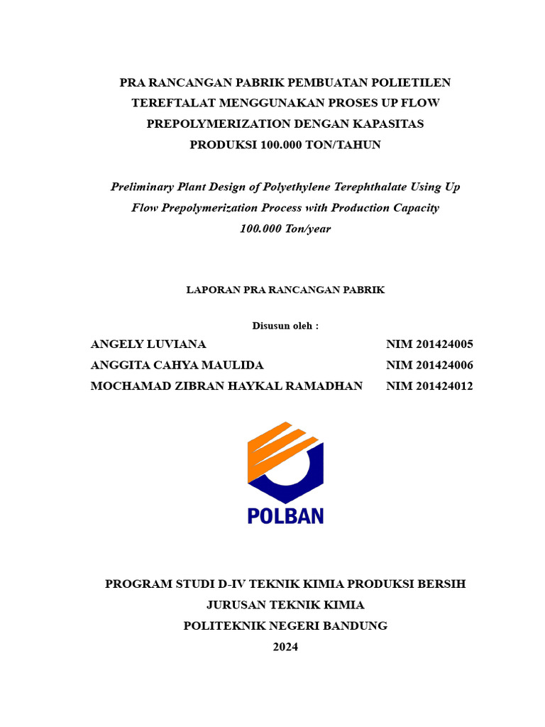 Pra Rancangan Pabrik PET 100.000 Ton/Tahun | PDF