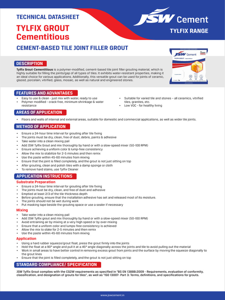 JSW Tylfix Grout - Cementitious - TDS | PDF | Tile | Materials