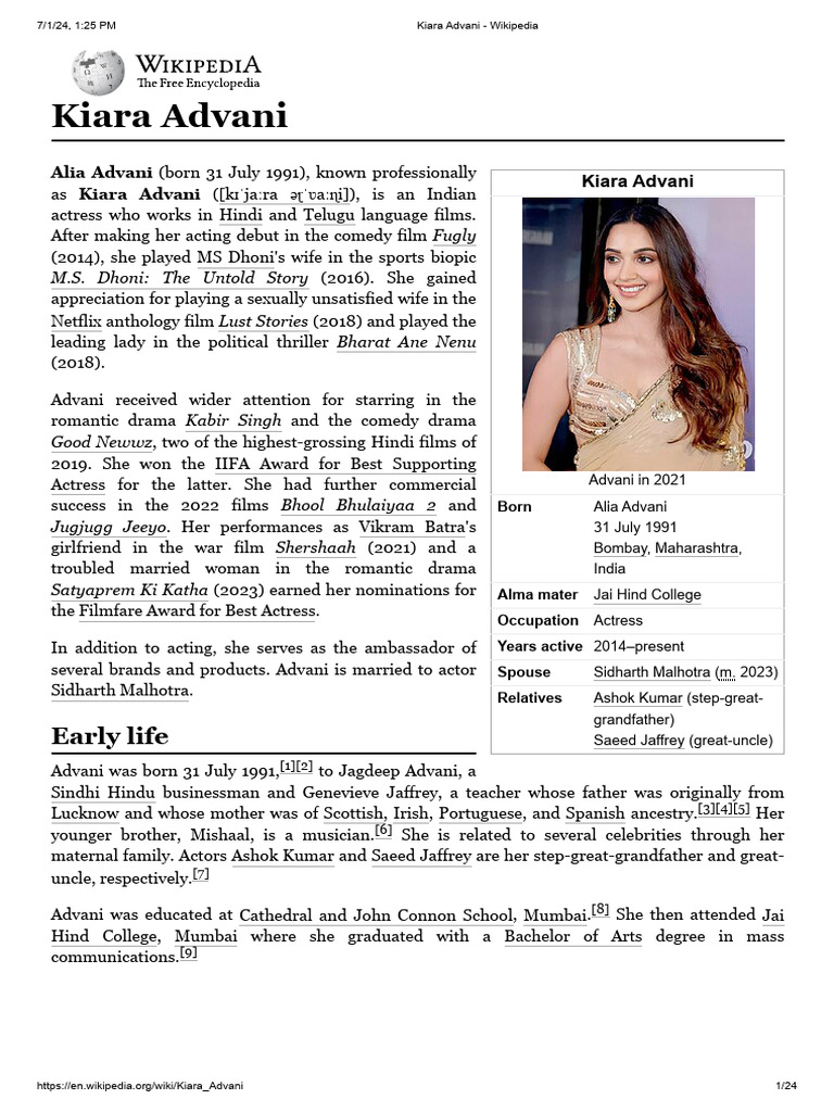 Kiara Advani - Wikipedia | PDF | Film Production Districts | Cinema Of India