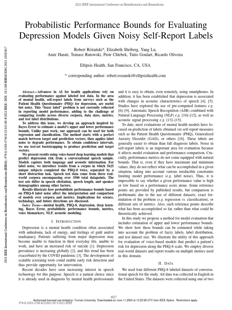 Probabilistic Performance Bounds For Evaluating Depression Models Given ...