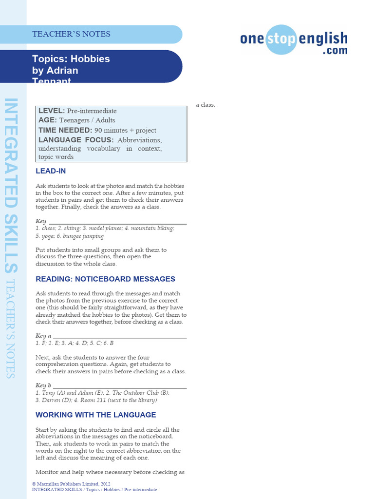 Topics Hobbies Pre Intermediate | PDF | Reading Comprehension