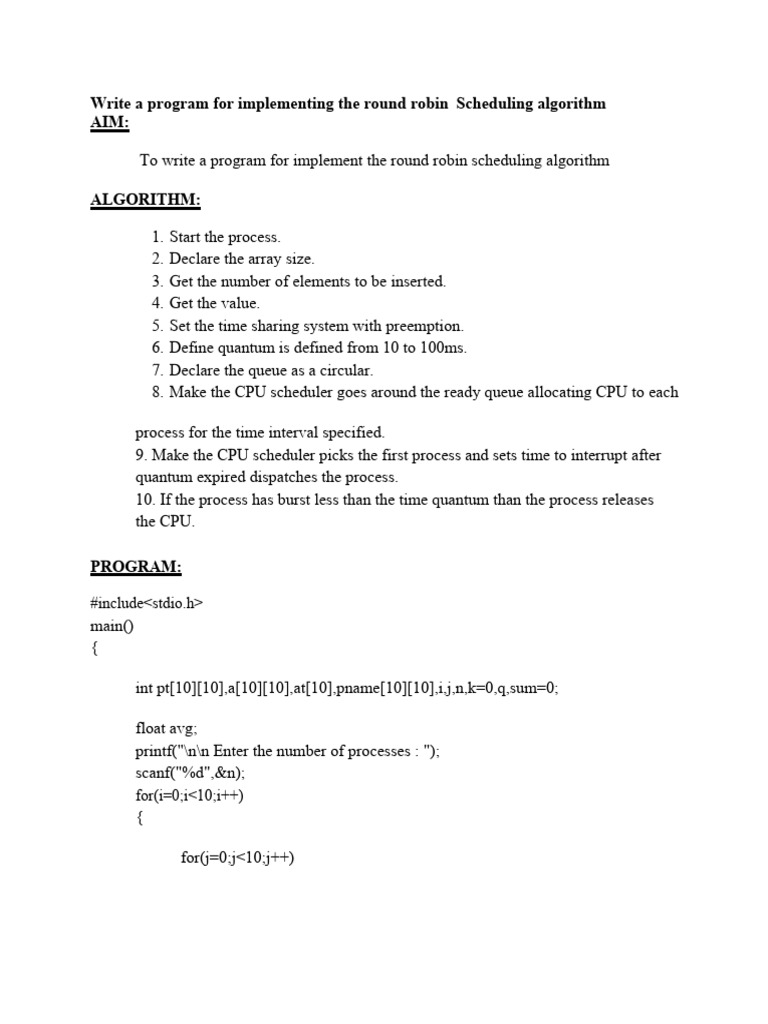 Write A Program For Implementing The Round Robin Scheduling Algorithm