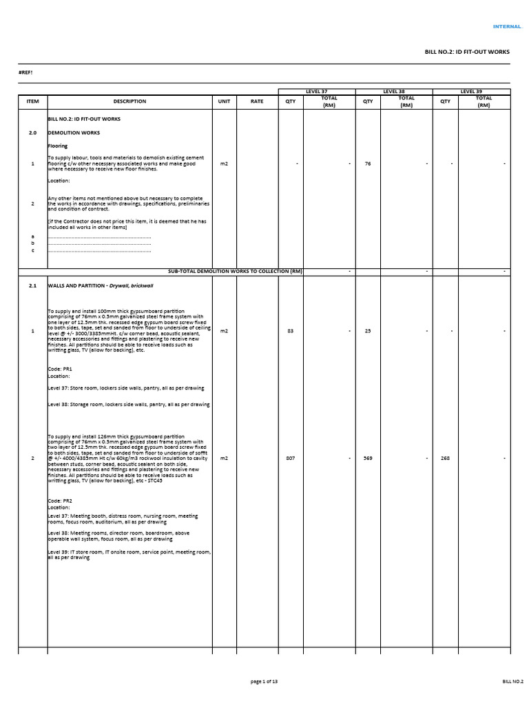ID Fit-Out Works Bill No. 2 Details | PDF | Drywall | Door