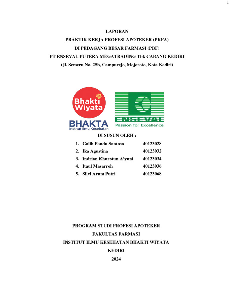Laporan PKPA di PBF PT Enseval Kediri | PDF