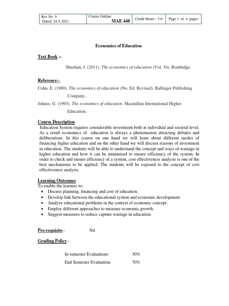 Economics of Education MAE 448 | PDF | Economics | Education Economics
