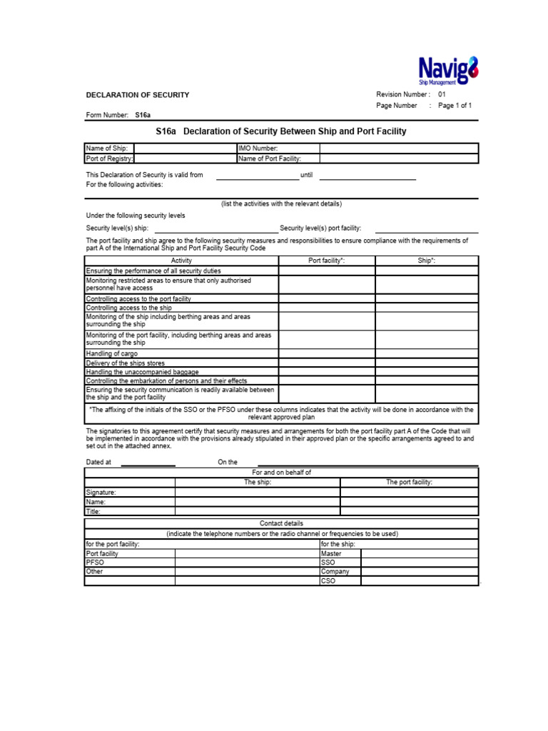 Declaration of Security Between Ship and Port Facility | PDF | Water ...