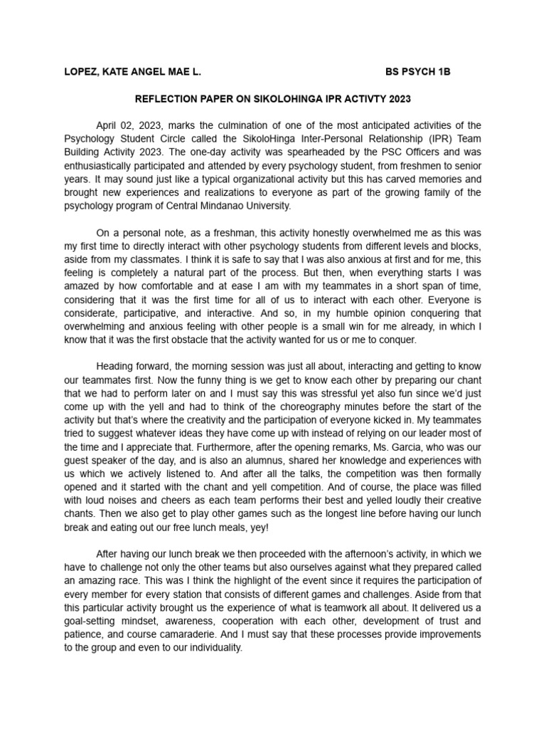 Reflection Paper For Ipr 2023 | PDF | Psychology