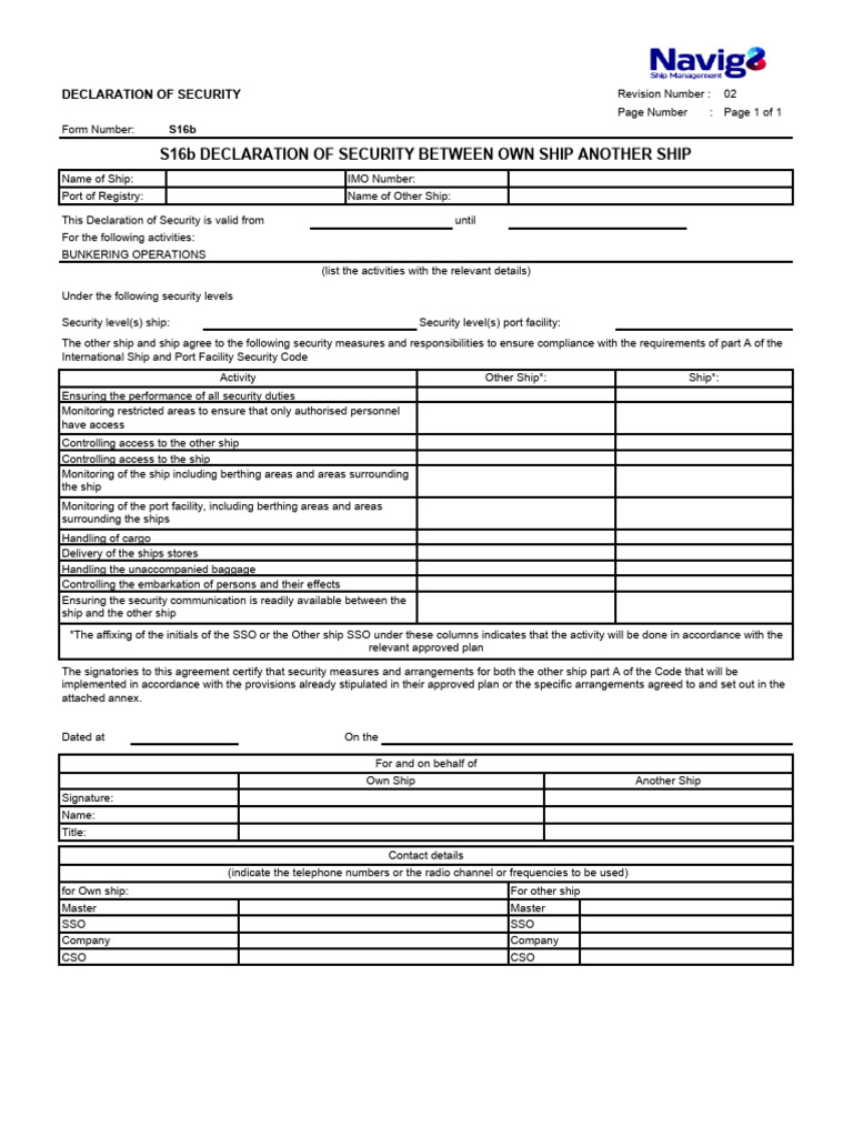 Declaration of Security Between Own Ship and Another Ship Rev 02 | PDF ...
