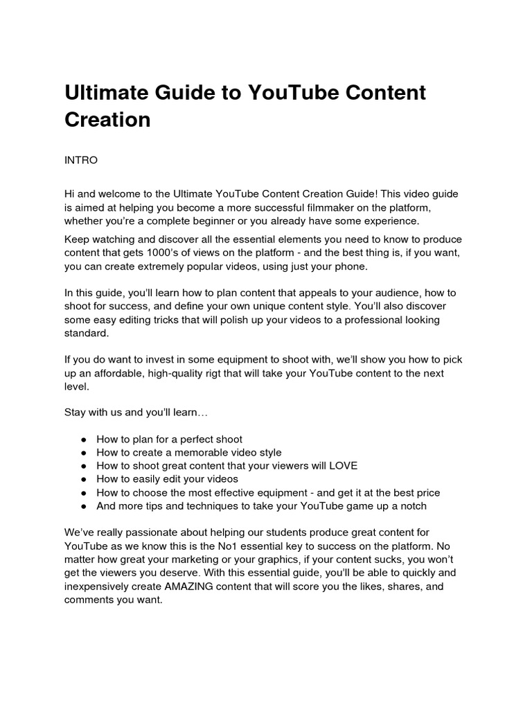 Ultimate Guide To YouTube Content Creation | PDF | You Tube | Lighting