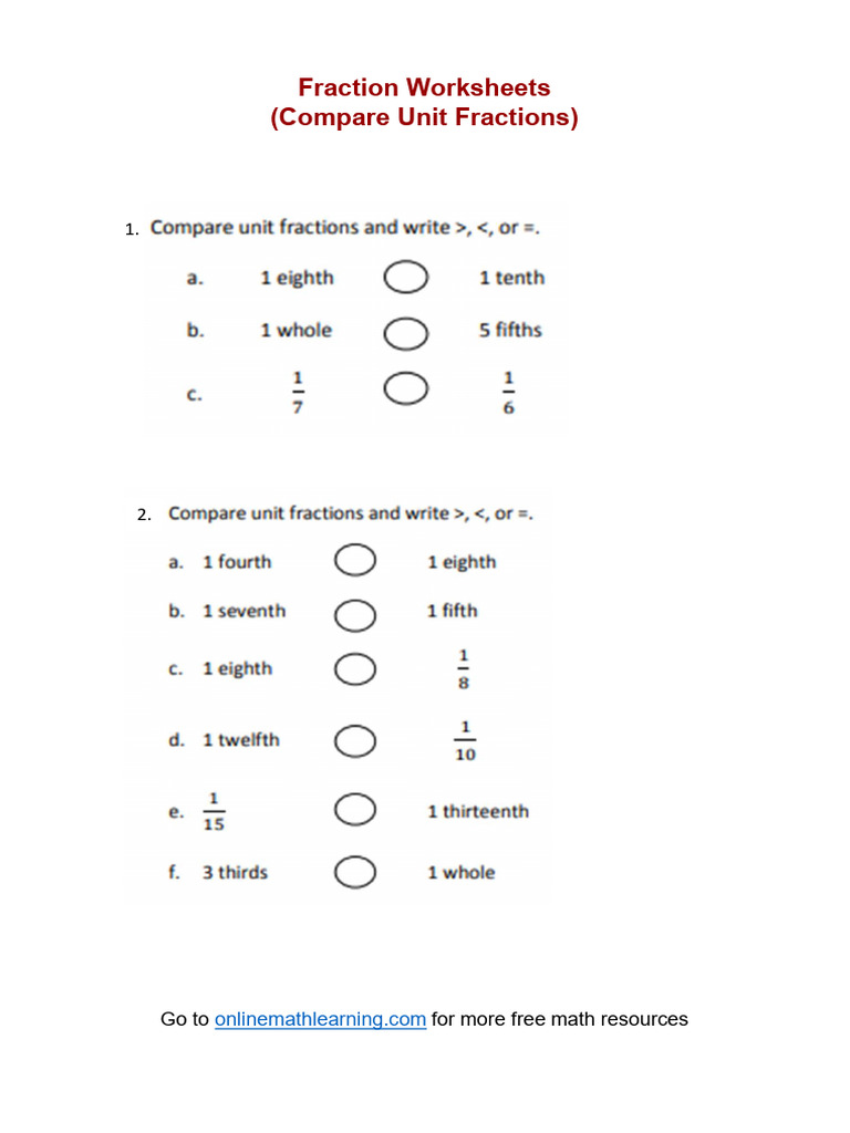 Compare Unit Fractions Worksheet3 | PDF