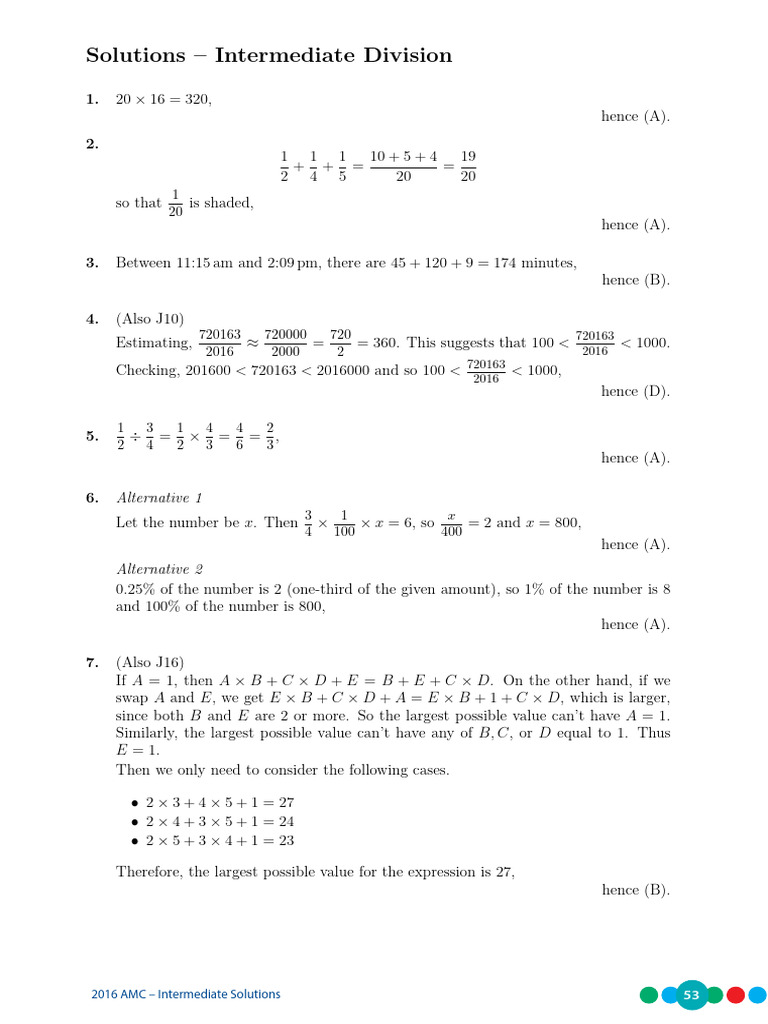 2016 Australian Mathematics Competition AMC Intermediate Years 9 and 10 ...