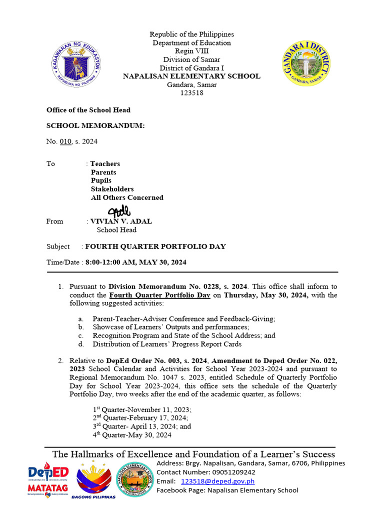 SCHOOL MEMORANDUM4th Quarter Portfolio Day May 30 2024 | PDF | Wellness