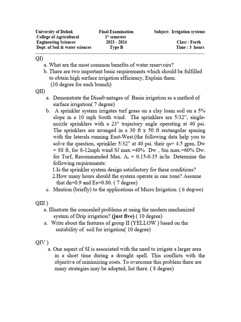 Irrigation Systems Final Exam 2023-24 | PDF | Irrigation | Water And ...