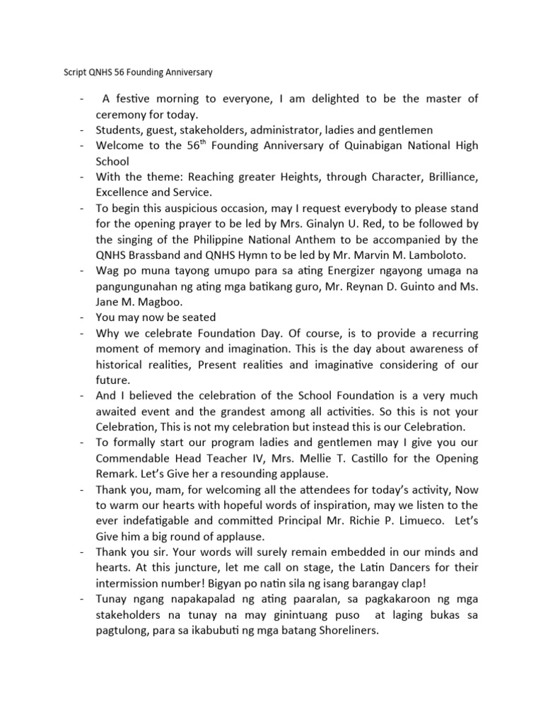 Script QNHS 56 Founding Anniversary | PDF