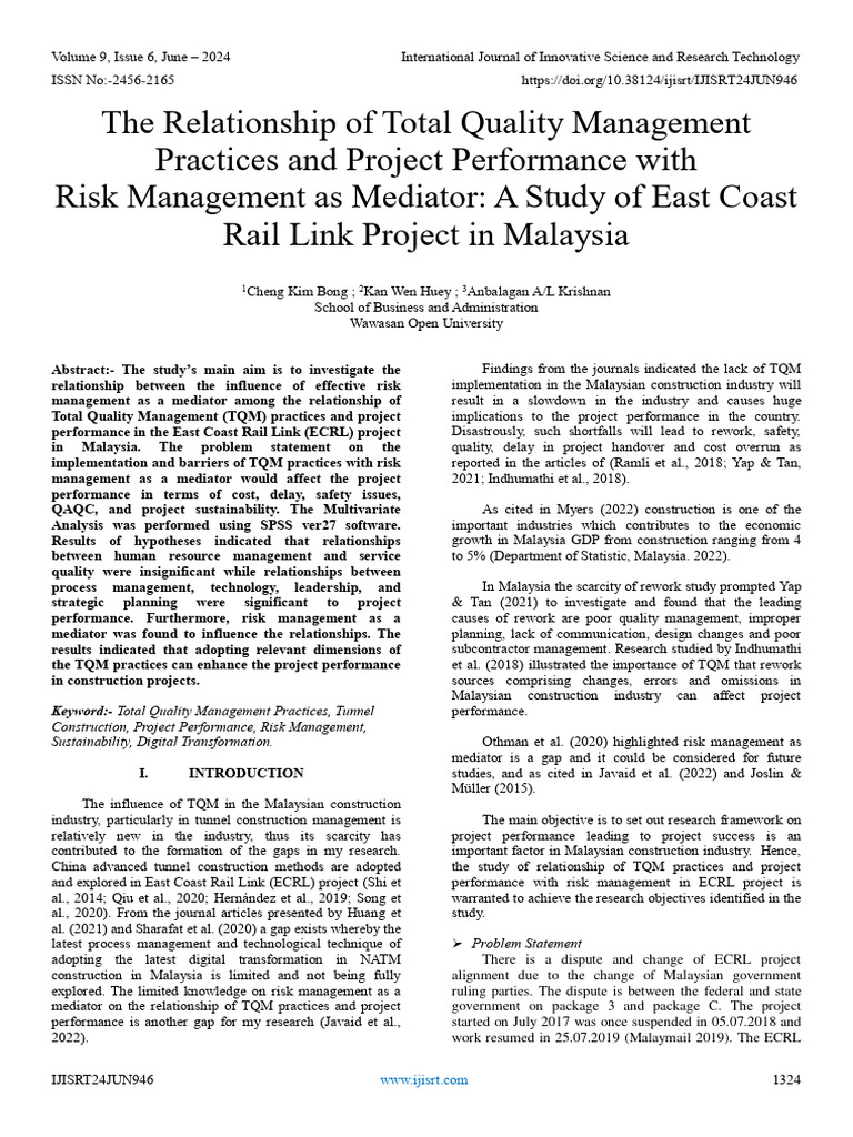 The Relationship of Total Quality Management Practices and Project Performance With Risk ...