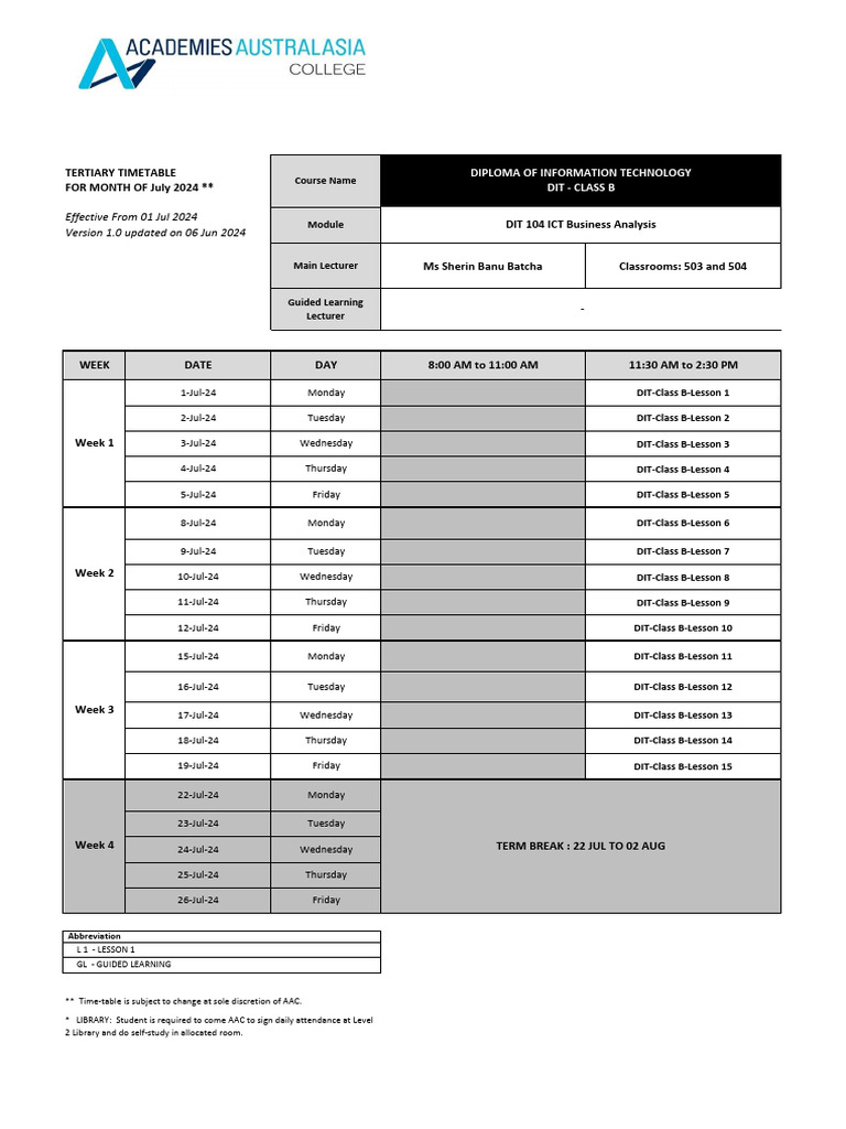 July 2024 DIT Class B Timetable | PDF | Pedagogy | Behavior Modification