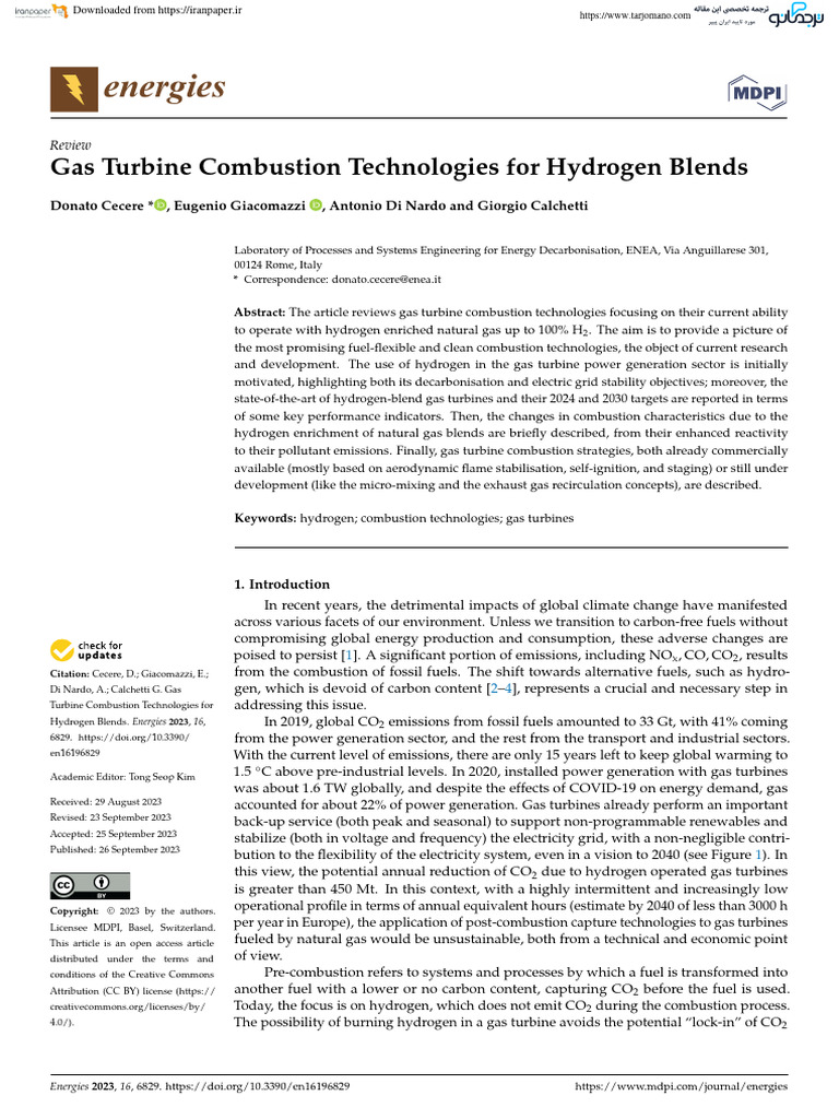Energies: Gas Turbine Combustion Technologies For Hydrogen Blends | PDF | Combustion | Methane
