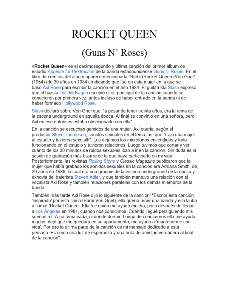 Historia de "Rocket Queen" de Guns N' Roses | PDF