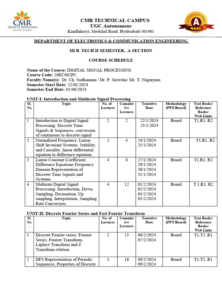 Dsp Course Schedule Pdf Discrete Fourier Transform Fast Fourier