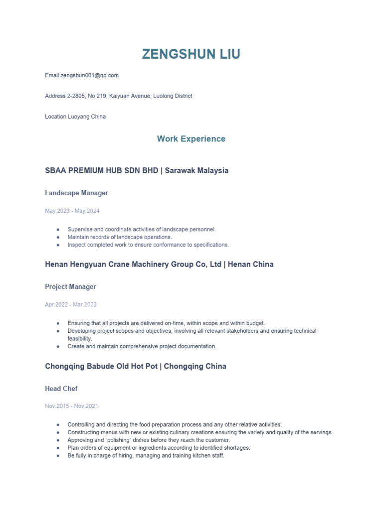 Zengshun Liu - Resume | Download Free PDF | Chef | Menu