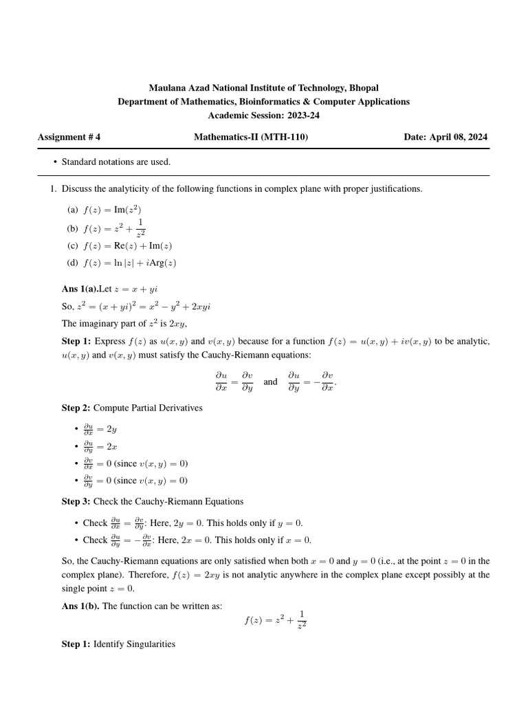 Assignment 4 of M2 (MTH110) - Solutions | PDF | Complex Number | Logarithm