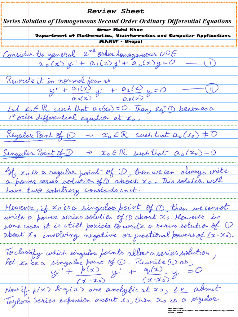 ODE - Series Solution of Homogeneous Second Order ODE | PDF | Ordinary ...