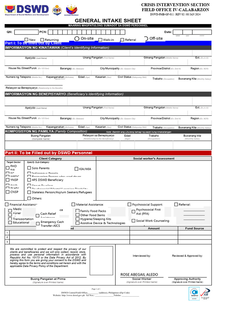 DSWD PMB GF 011 Rev 02 Aics General Intake Sheet | PDF | Social Work | Psychosocial