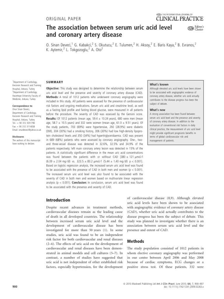 Int J Clinical Practice - 2010 - Sinan Deveci - The Association Between Serum Uric Acid Level ...