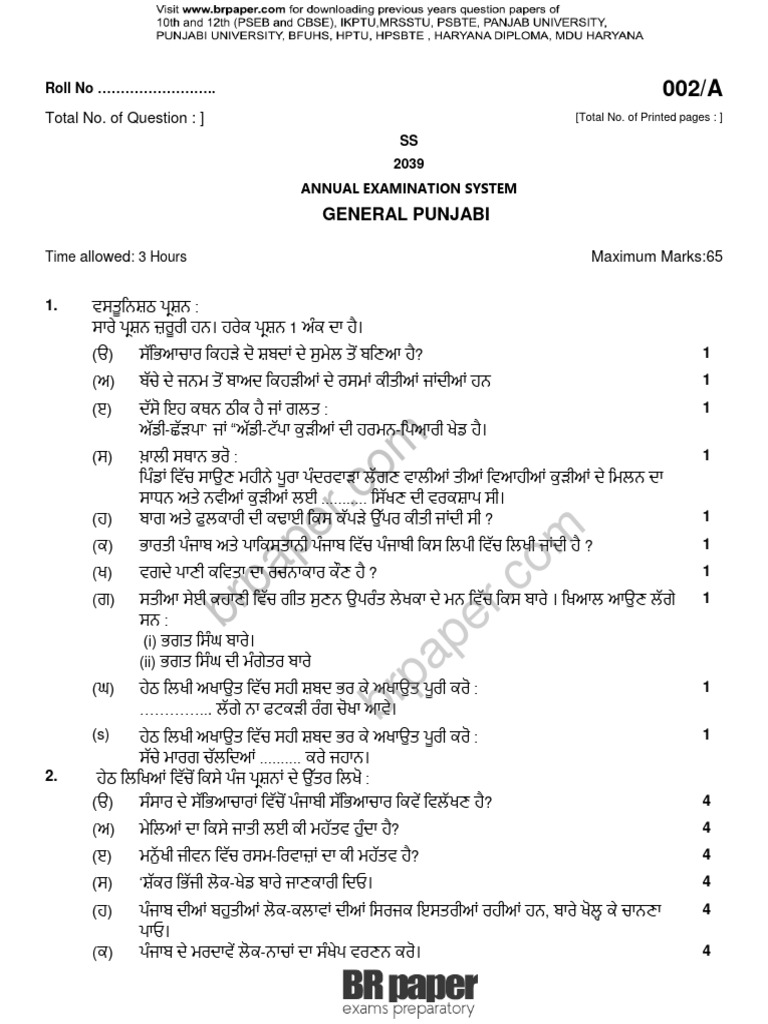 Punjabi (12th) Mar2019 | PDF