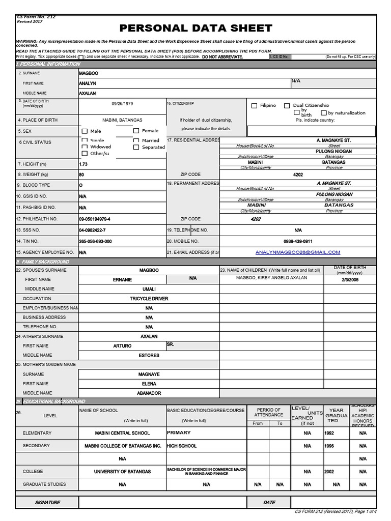 Personal Data Sheet Template | PDF | Government | Justice