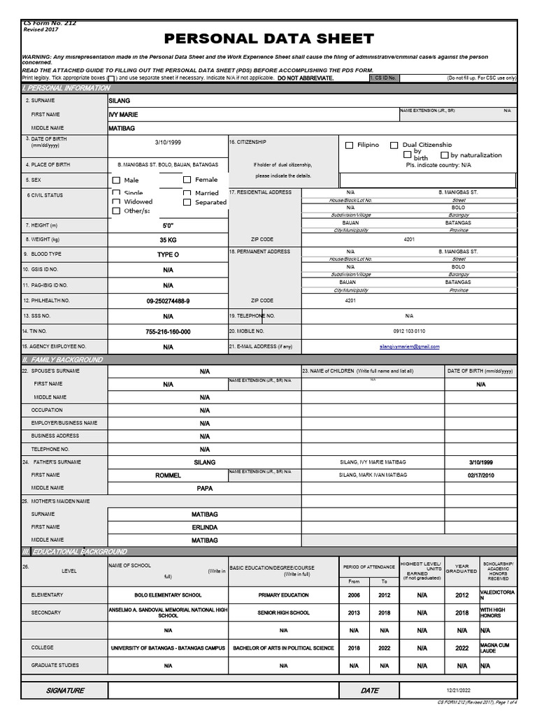 Personal Data Sheet (PDS) Sample Form | PDF | Justice | Crime & Violence